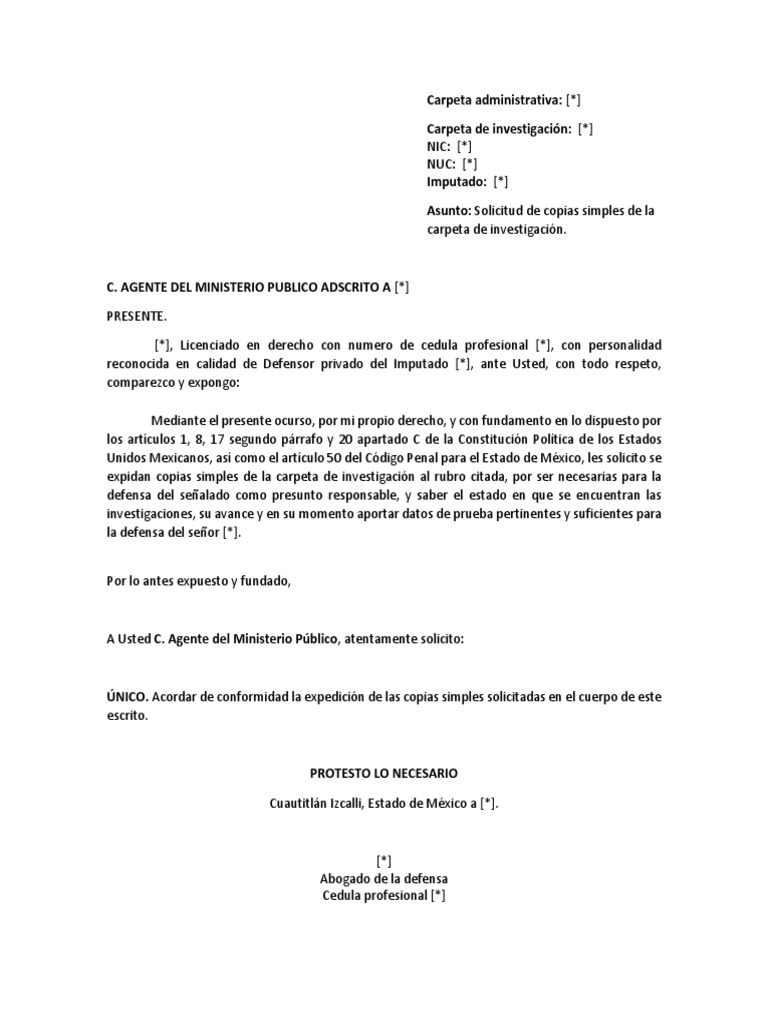 Escrito Solicitud Copias Simples Carpeta Investigacion Estado Mexico