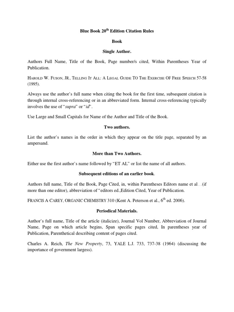 Blue Book 20 Edition Citation Rules Book Single Author.: - F J T I A AL ...