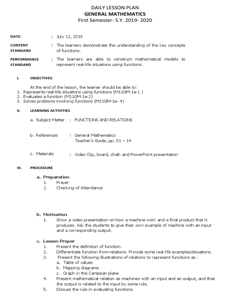 Daily Lesson Plan Math | PDF | Function (Mathematics) | Teaching ...