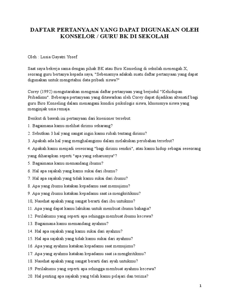 Daftar Pertanyaan Yang Dapat Digunakan Oleh Konselor | PDF