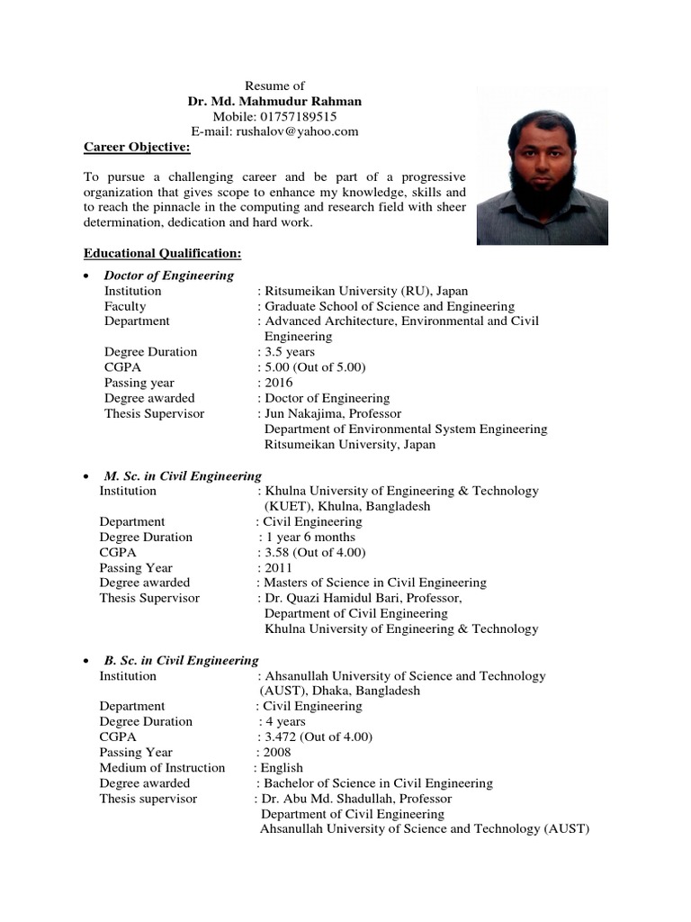 Resume of Dr. MD Mahmudur Rahman | PDF | Academic Degree | Master Of ...