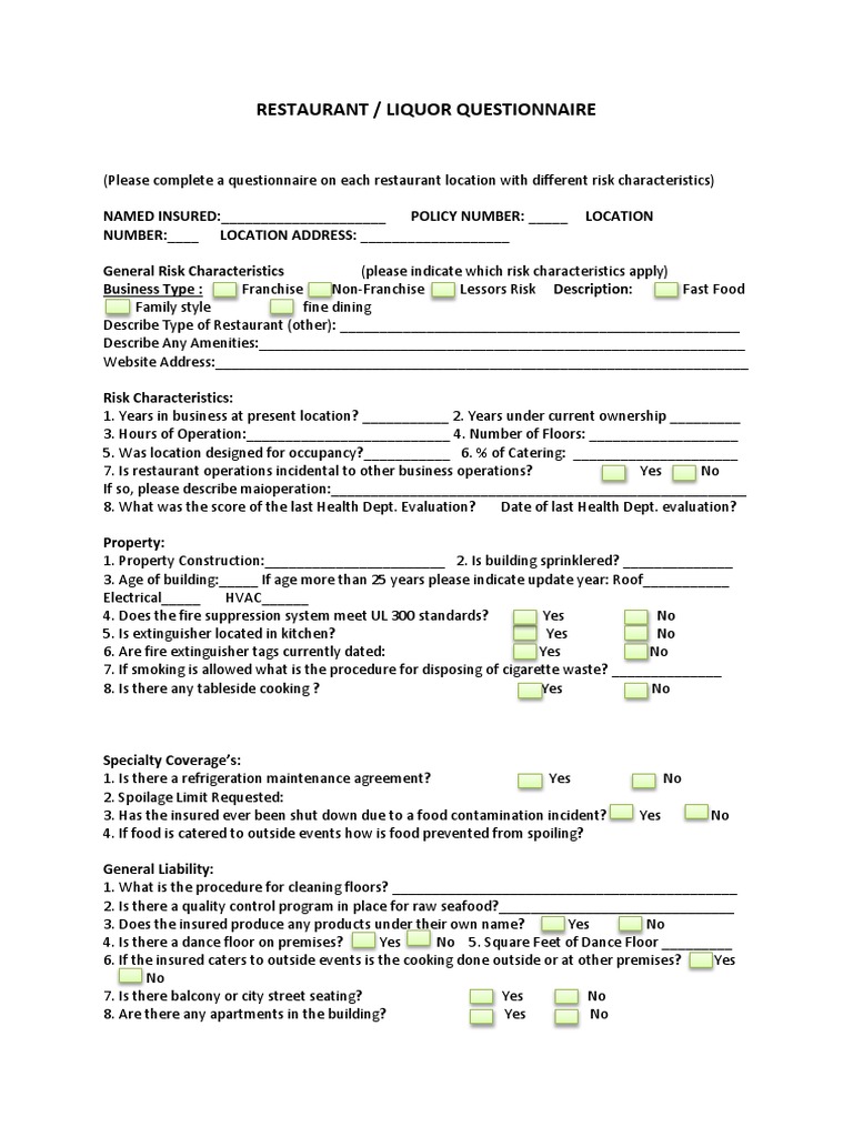 Restaurant / Liquor Questionnaire | PDF | Bouncer (Doorman) | Restaurants