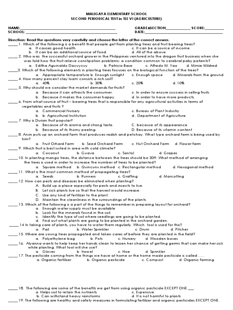 TLE6 AGRI PERIODICAL TEST.docx | Orchard | Trees