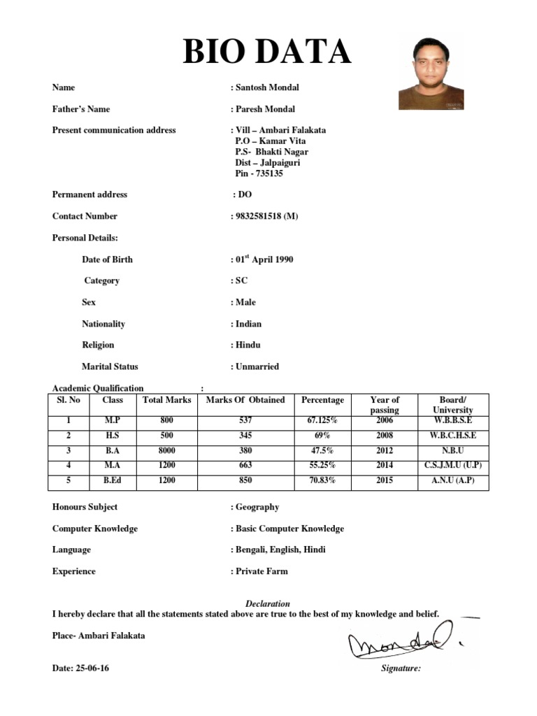 Santosh Mondal Bio Data | PDF