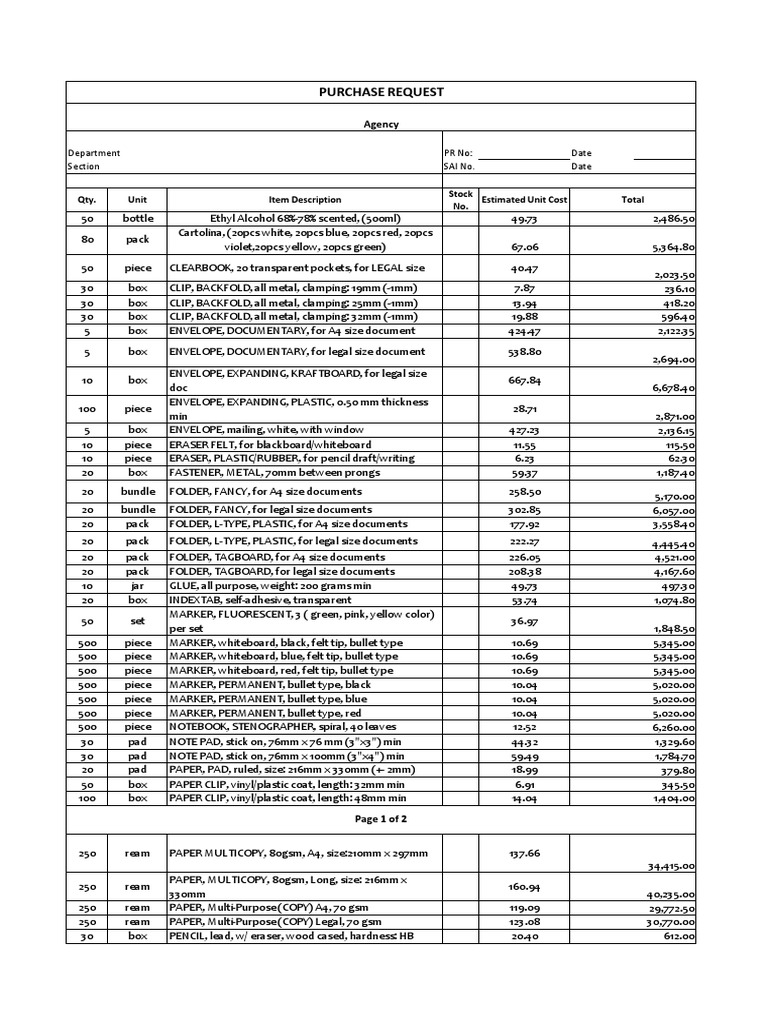Purchase Request: Qty. Unit Item Description Stock No. Estimated Unit ...