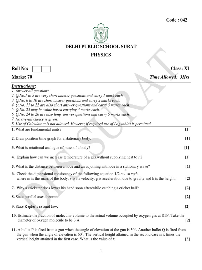 DPS Physics Final Set1 | PDF | Force | Mass