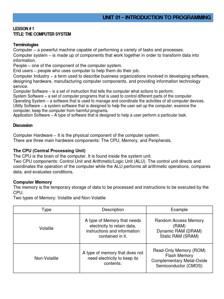 Unit 01 Introduction To Programming The Cpu Central Processing Unit 4085