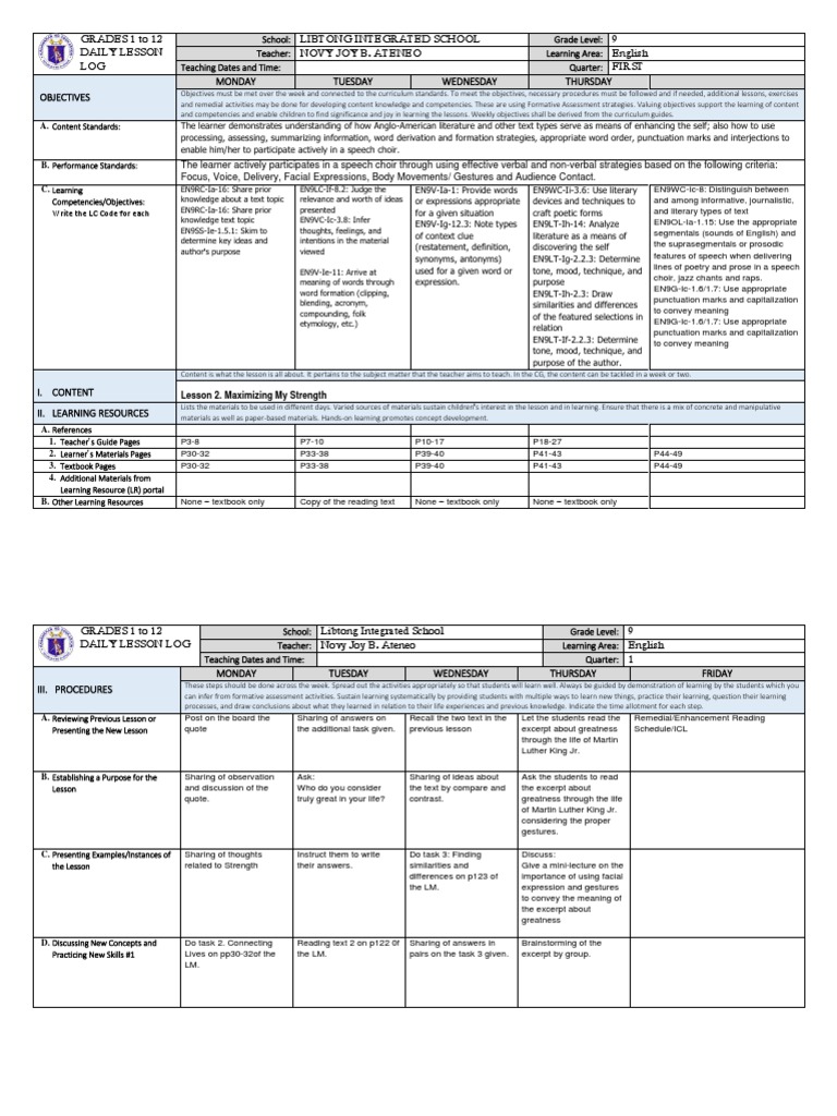 DLL Grade 9 | Download Free PDF | Teachers | Learning