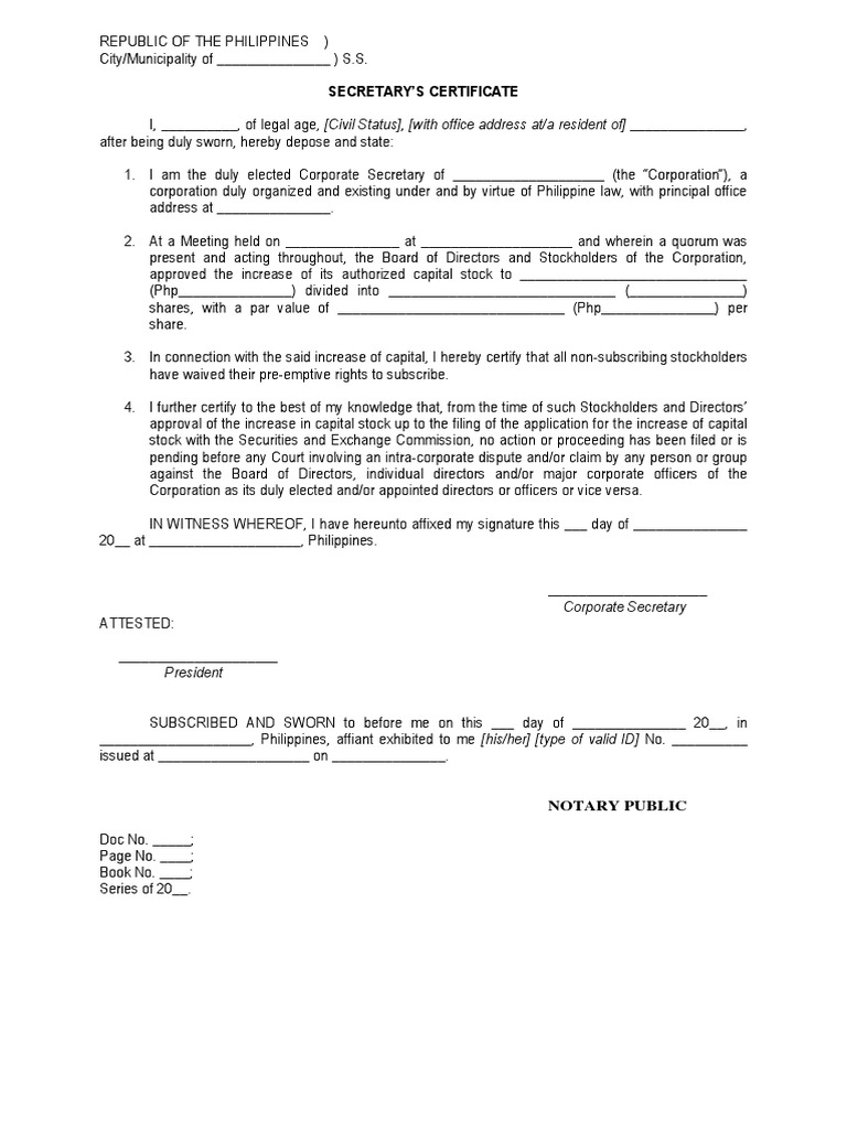 Template - Sec Cert (Waiver of Pre-emptive Rights) | Board Of Directors ...