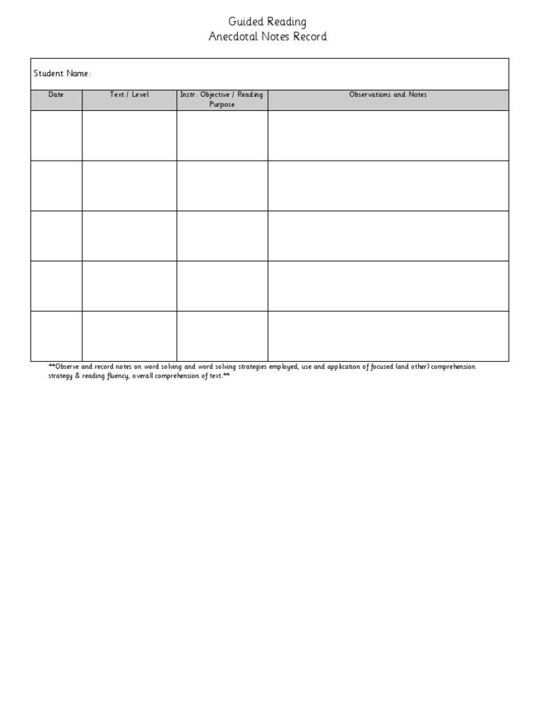 Sample Anecdotal Notes Recording Form - Guided Reading | PDF