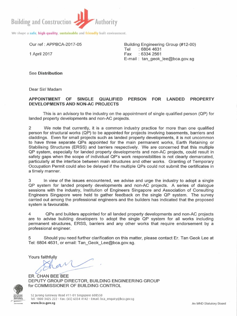 BCA Circular On Single QP | PDF | Singapore | World Politics