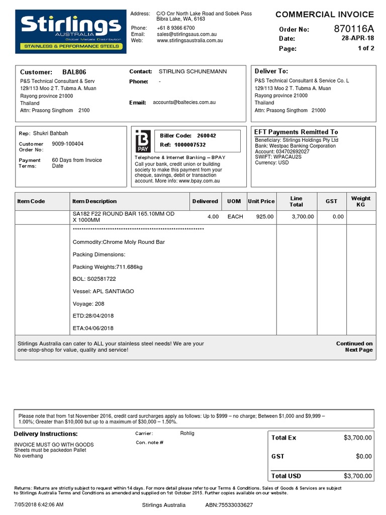 870116a Com Invoice Bar Po 100404 | PDF | Contractual Term | Breach Of ...