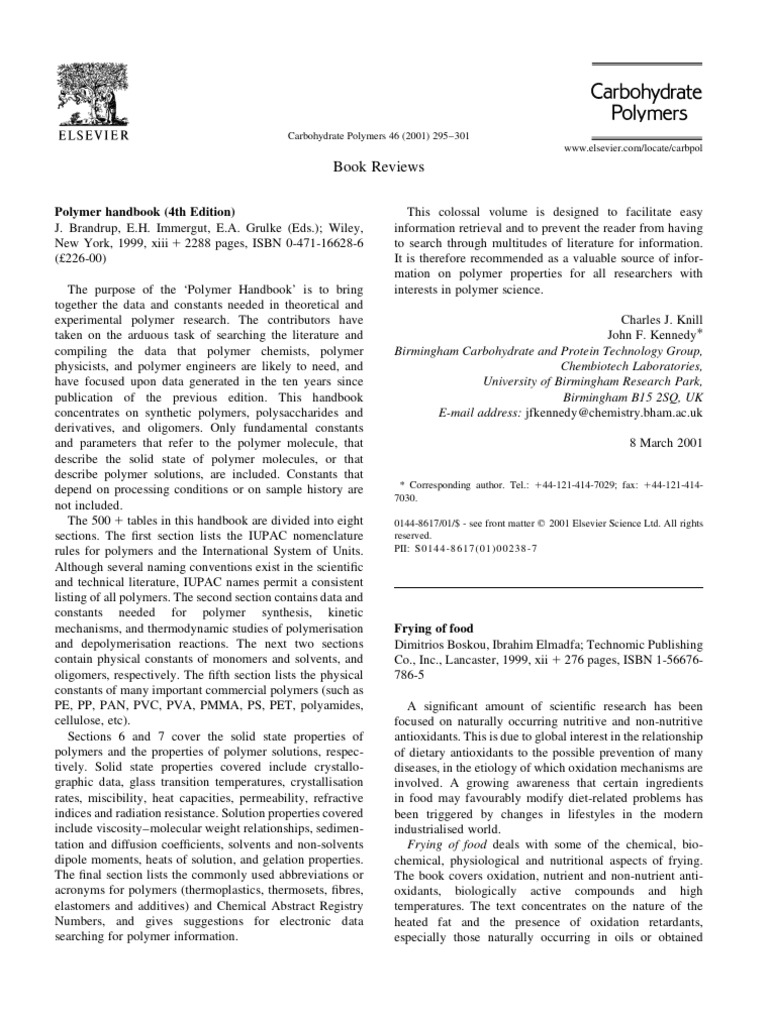 Polymer Handbook 4th Edition | PDF | Polymerization | Polymers