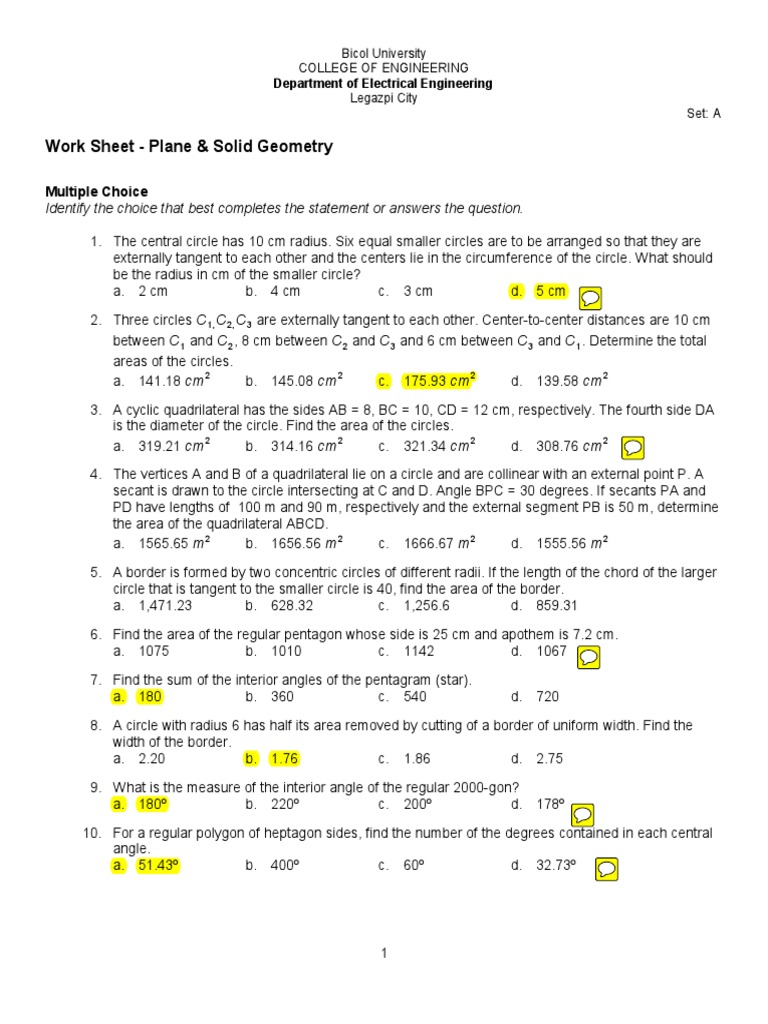 Worksheet 3 Plane Solid Geometry | PDF | Area | Circle