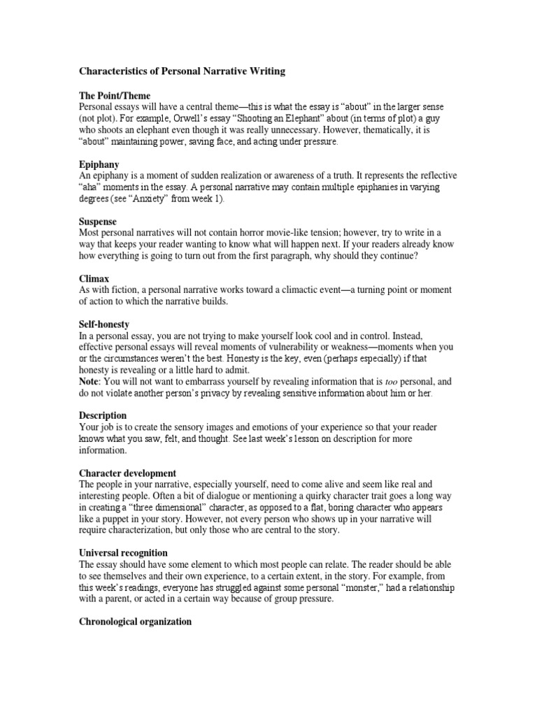 Characteristics of Personal Narrative Writing: The Point/Theme | PDF ...