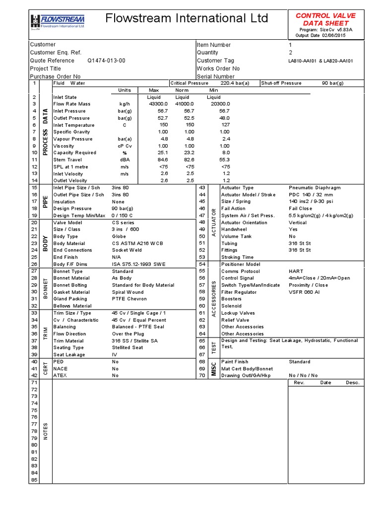 Control Valve Data Sheet | Valve | Actuator
