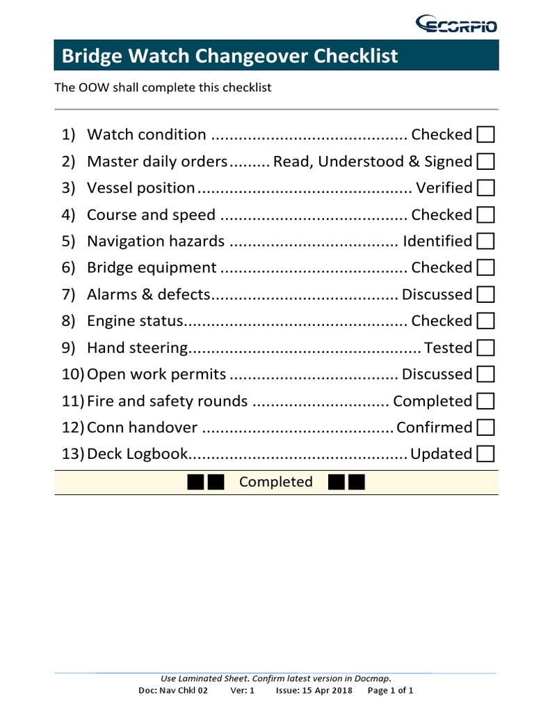 Bridge Watch Changeover Checklist Ver 1 | PDF