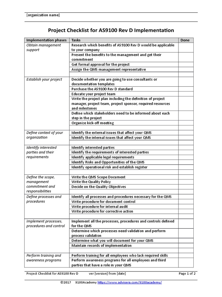 Project_Checklist_for_AS9100_Implementation_EN.docx | Quality ...