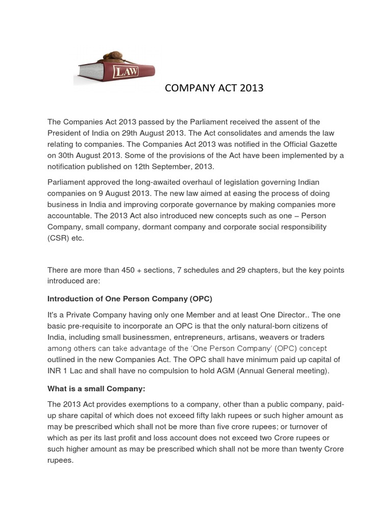 Company Act 2013: Introduction of One Person Company (OPC) | PDF ...