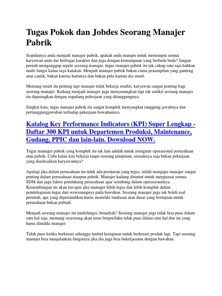 Tugas Pokok Dan Jobdes Seorang Manajer Pabrik | PDF