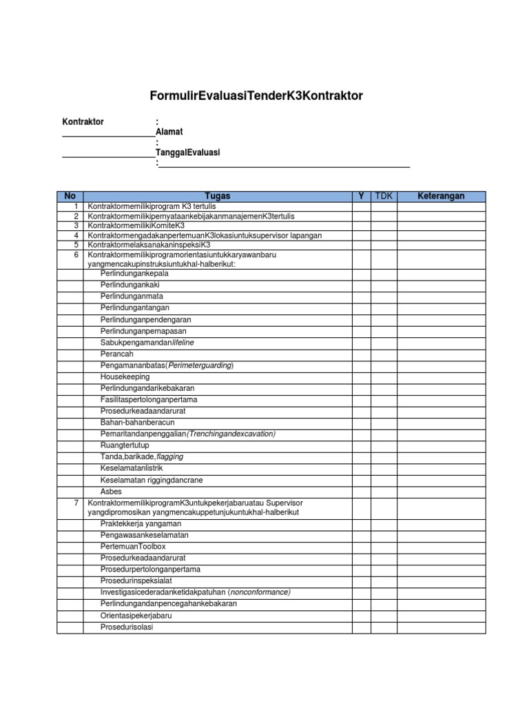 FORM 14. Formulir Evaluasi Tender K3 Kontraktor | PDF