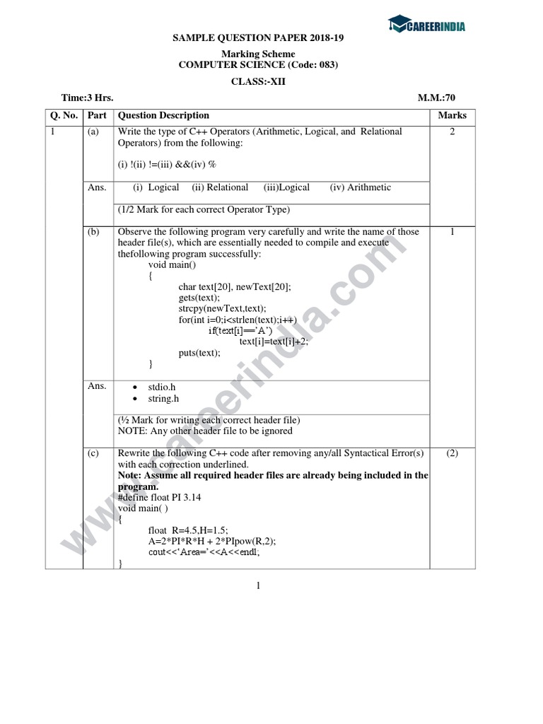 CBSE Class 12 Computer Science Marking Scheme Question Paper 2018-19 ...