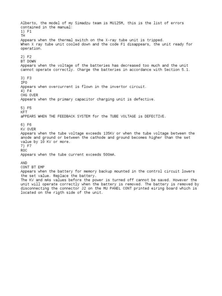 Shimadzu MU125M Error Codes List | PDF