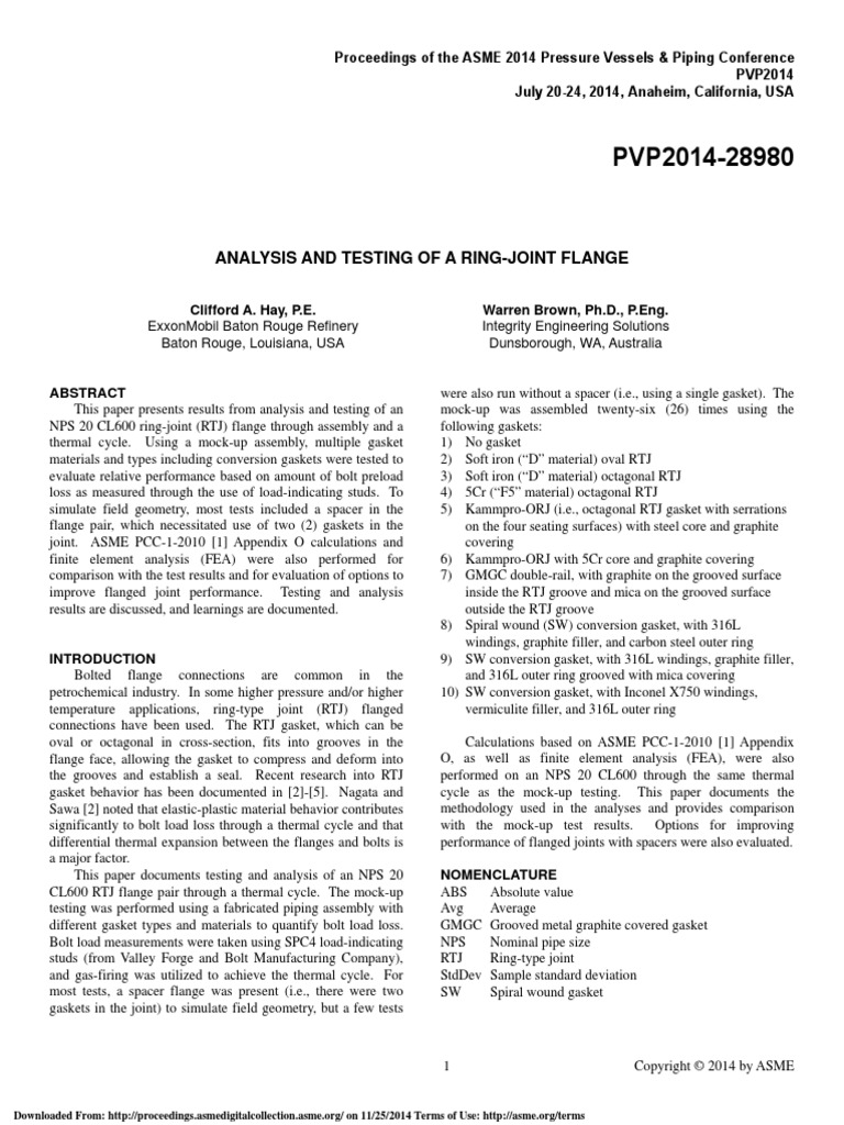 Pvp2014-28980 Analysis and Testing of A Ring-Joint Flange | PDF | Pipe ...
