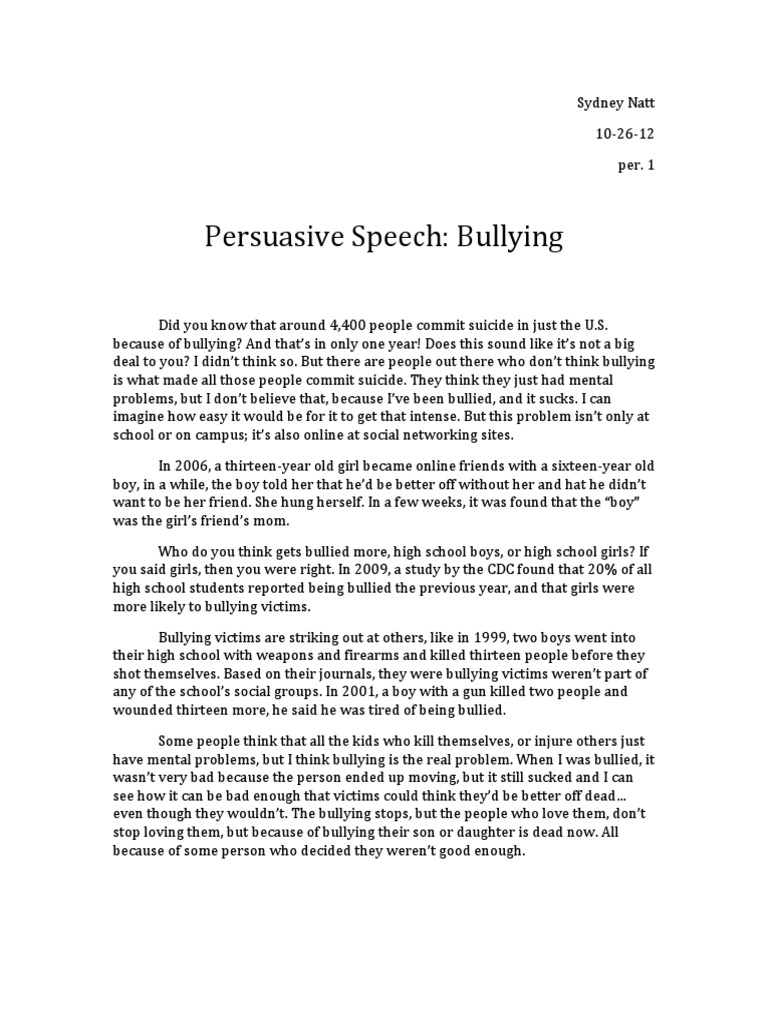 Persuasive Speech 1 | PDF | Bullying | Violence