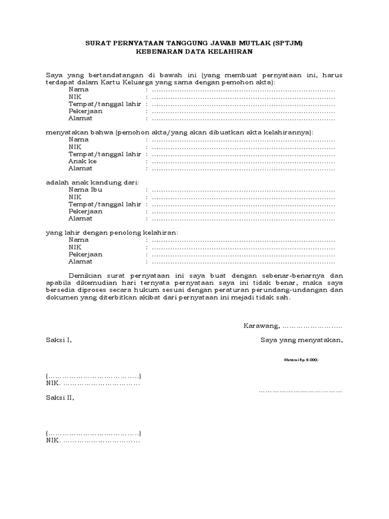 SPTJM KEBENARAN DATA KELAHIRAN Dan PASANGAN SUAMI ISTRI PDF | PDF
