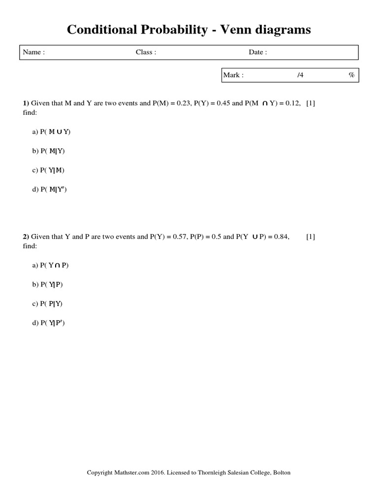 Conditional Probability - Venn Diagrams - 1 | PDF