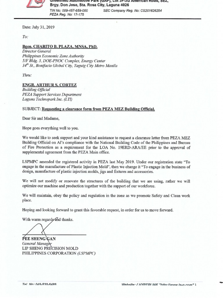 Letter To Peza Mez Building Official | PDF
