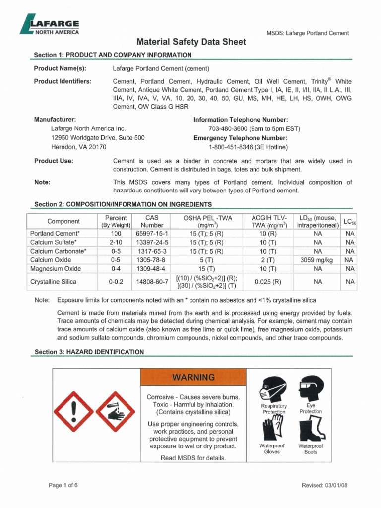 Material Safety Data Sheet: MSDS: Lafarge Portland Cement | PDF ...