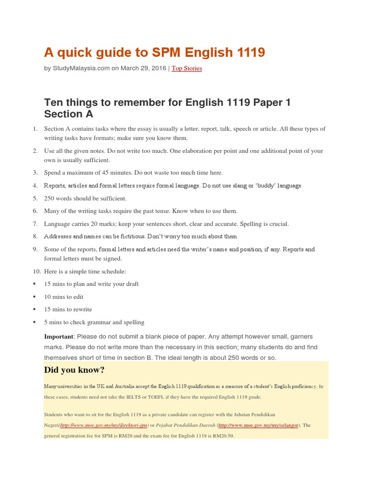 A Quick Guide To SPM English 1119 | PDF | Question | Essays