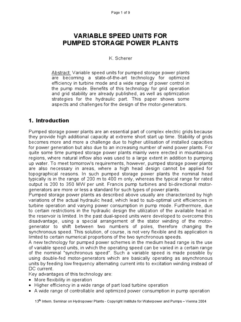 Variable Speed Units For Pumped Storage Power Plants: Page 1 of 9 | PDF ...