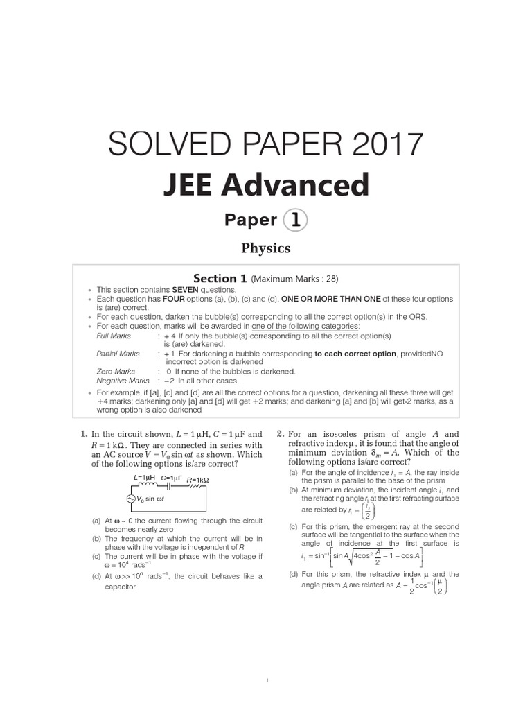 JEE Advanced 2017 Physics Paper 1 | PDF | Radiation | Ammonia