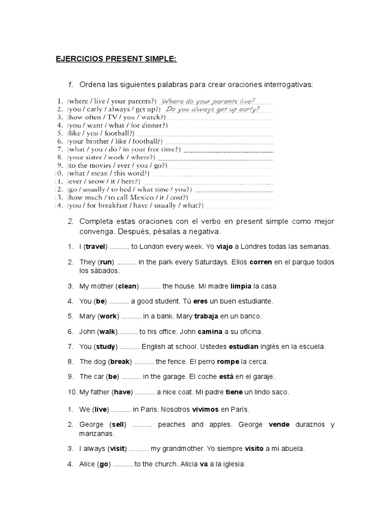 Ejercicios Present Simple | PDF