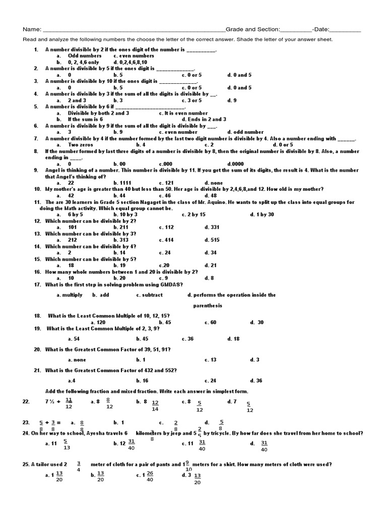 Summative Test Grade 5 EXAM 2019-2020 | PDF | Summation | Numbers
