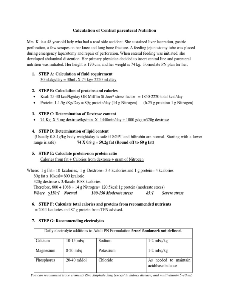 Calculation of Central Parenteral Nutrition | PDF | Calorie | Nutrients
