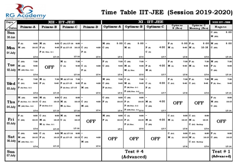 Comprehensive Time Table for IIT-JEE Exam Sessions Held by Multiple ...