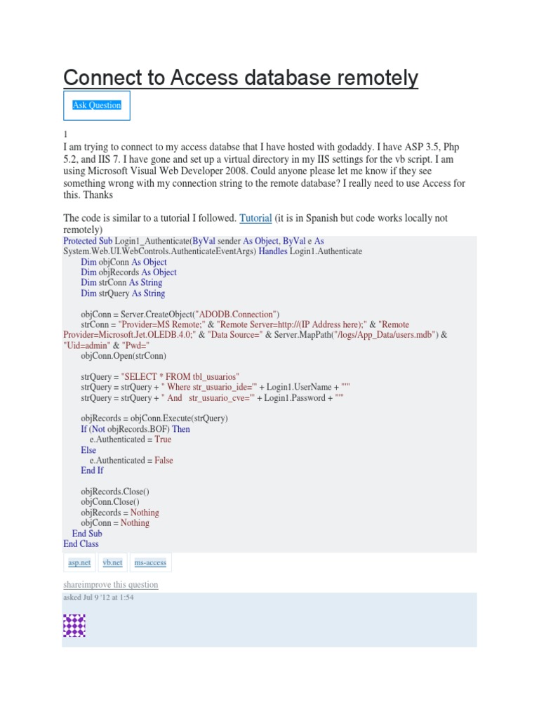 Connect To Access Database Remotely | PDF | Microsoft Access | File ...