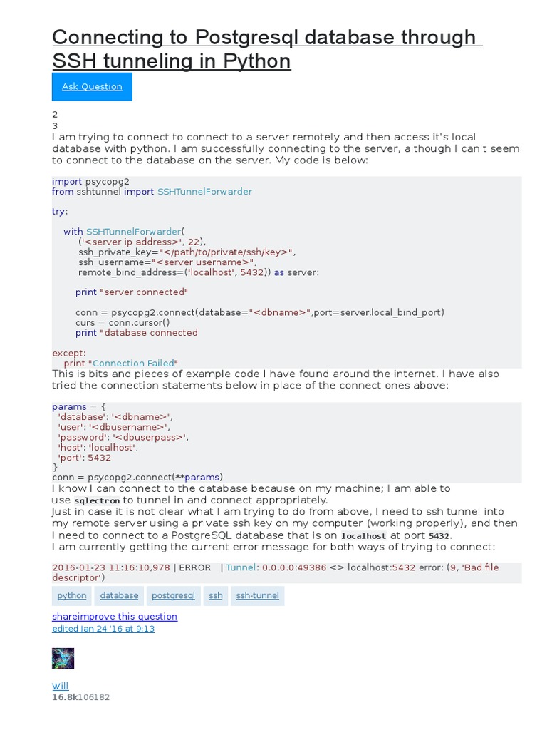 Connecting To Postgresql Database Through SSH Tunneling in Pytho1 | PDF | Secure Shell ...