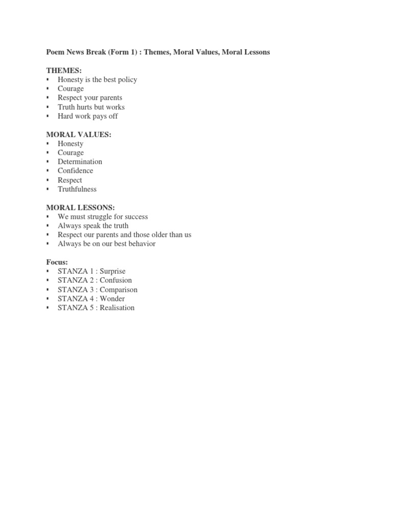 Poem News Break (Form 1) : Themes, Moral Values, Moral Lessons Themes | PDF