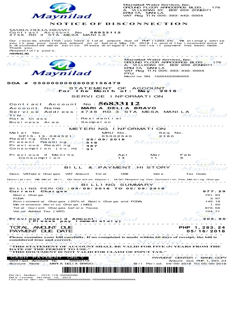 Maynilad (Sample Bill) | PDF | Value Added Tax | Taxes
