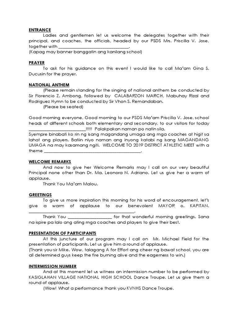 Emcee Script District Meet | PDF | Sports | Leisure
