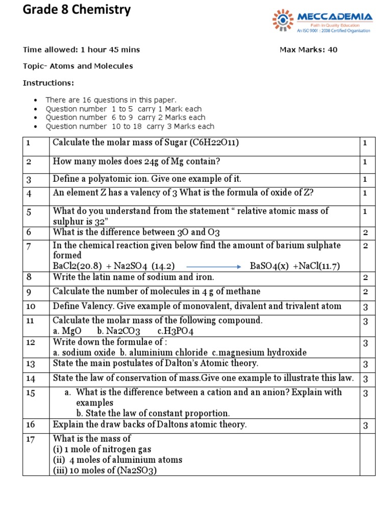 Atoms and Molecules Grade 9 | PDF | Valence (Chemistry) | Mole (Unit)