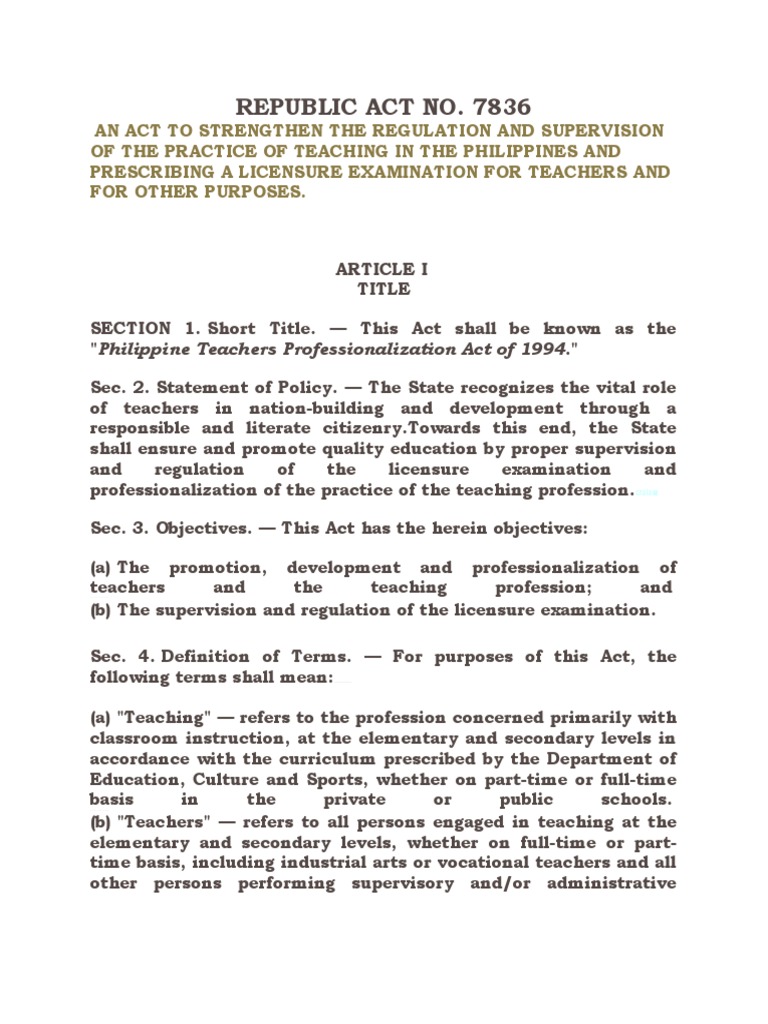 Republic Act No 7836 | PDF | Licensure | Teachers