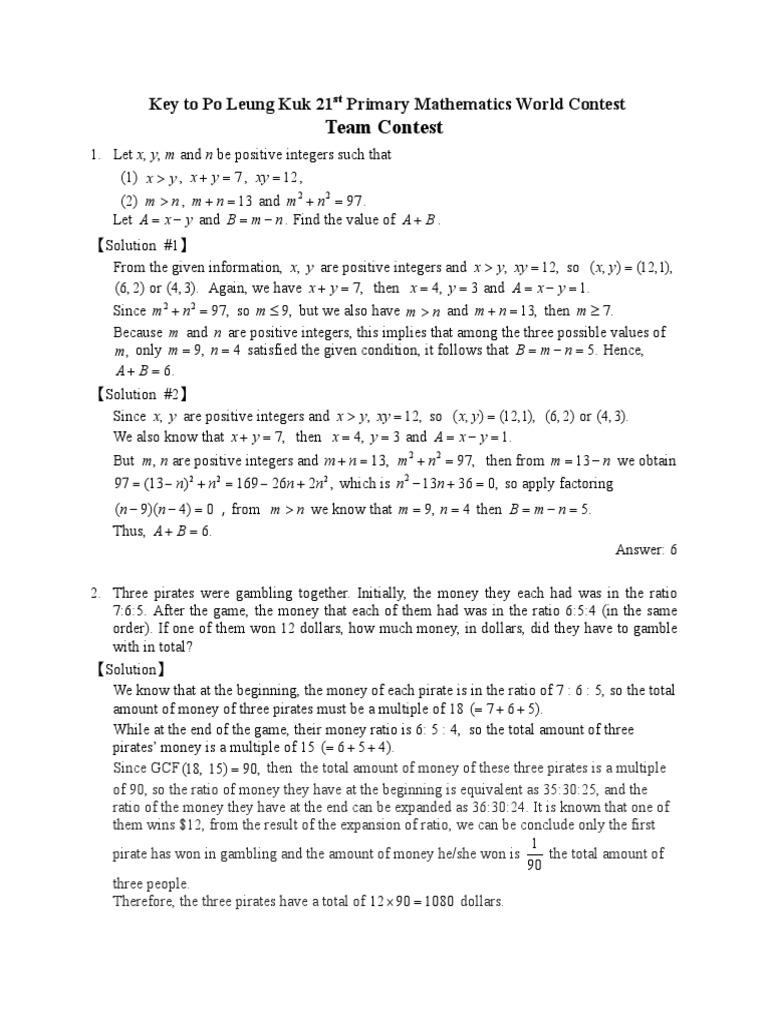 PMWC 2018 Team Sol - Eng | PDF | Elementary Mathematics | Teaching ...