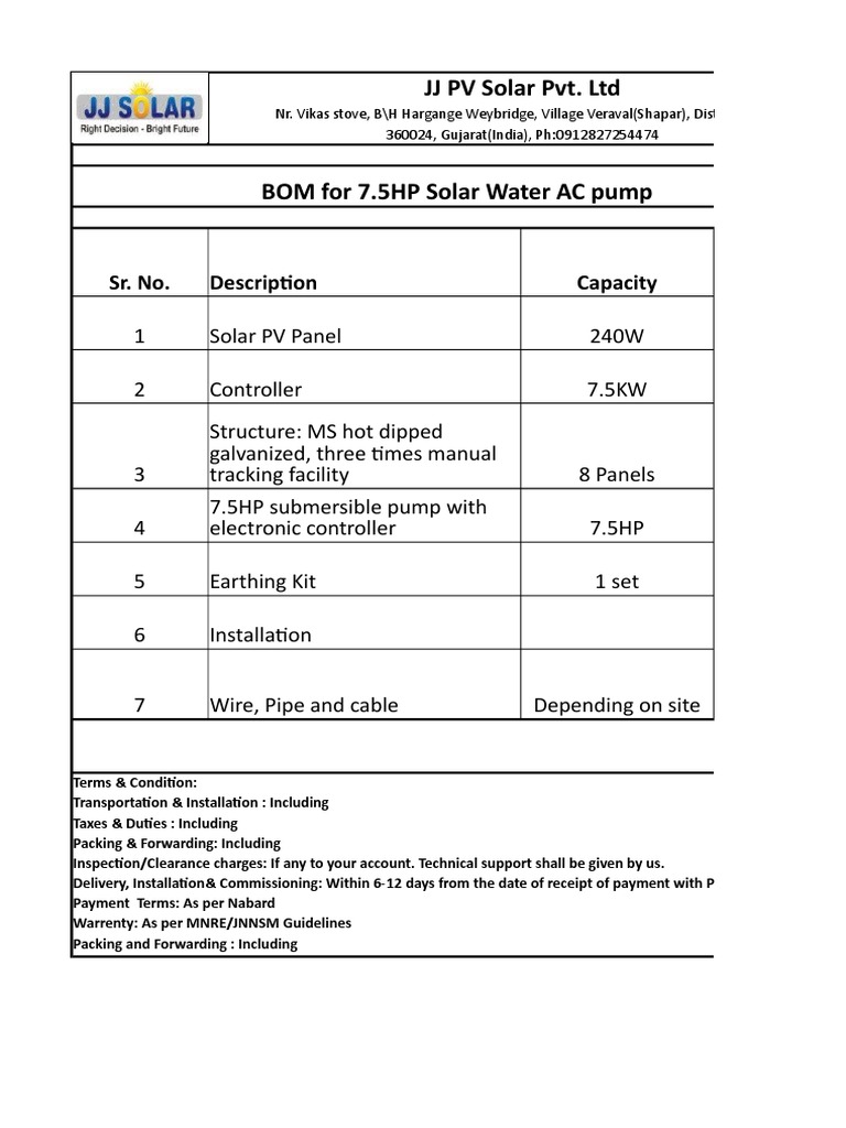 BOM For Solar Water Pump | PDF | Solar Power | Sustainable Technologies