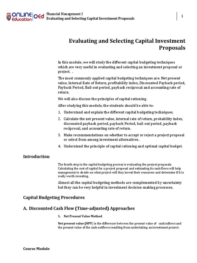 Lesson 8 Assessing and Selecting Capital Investment Proposals | PDF ...